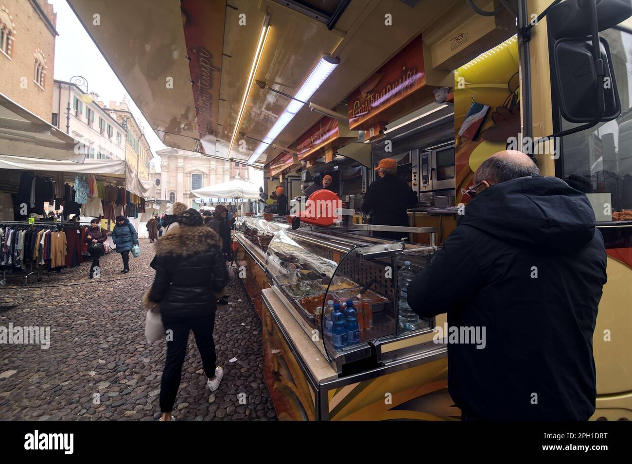 Food stall in a market on a square of an italian town Stock Photo - Alamy