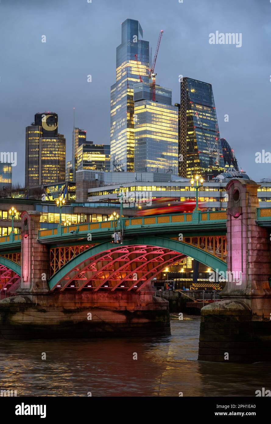 London, UK: Skyscrapers of the City of London at dusk with Tower 42, 22 ...