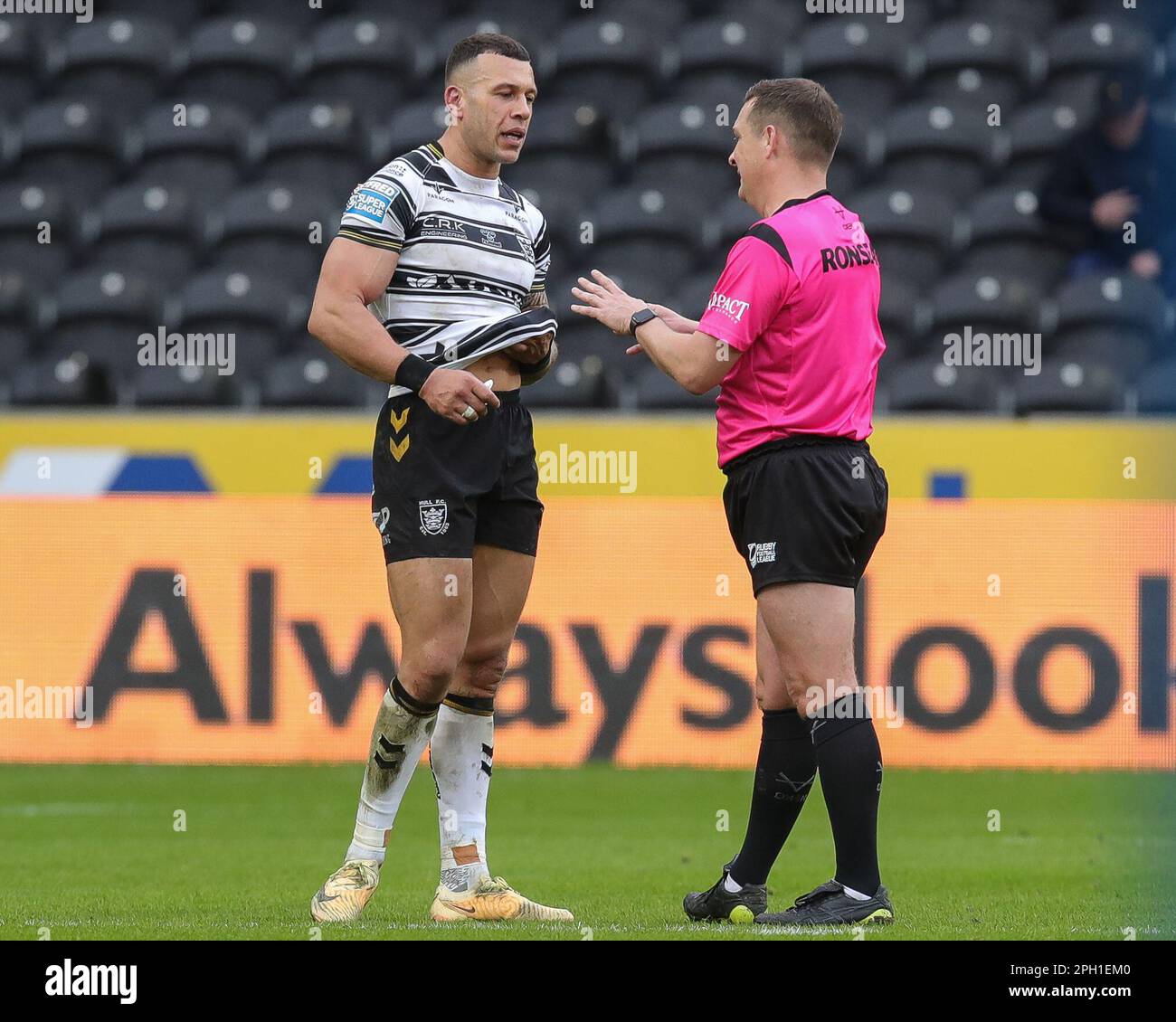 Referee Ben Thaler speaks with Carlos Tuimavave #3 of Hull FC during ...