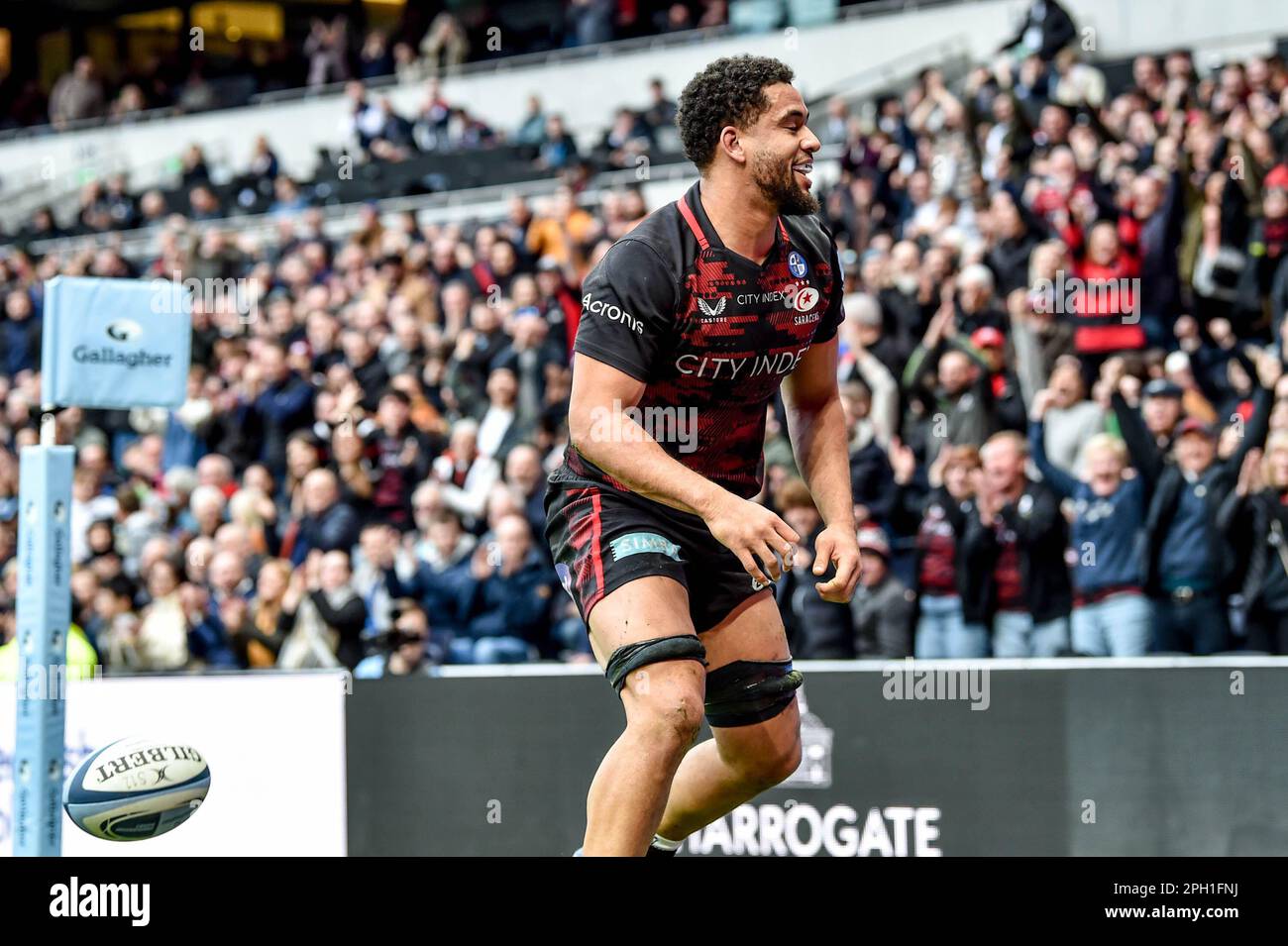 London, UK. 25th Mar, 2023. Andy Christie of Saracens celebrates ...