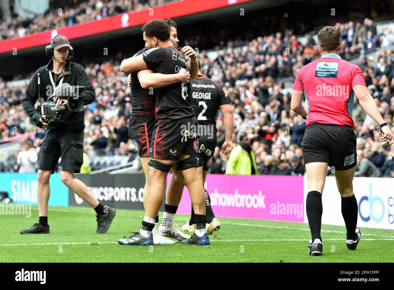 London, UK. 25th Mar, 2023. Andy Christie of Saracens celebrates ...