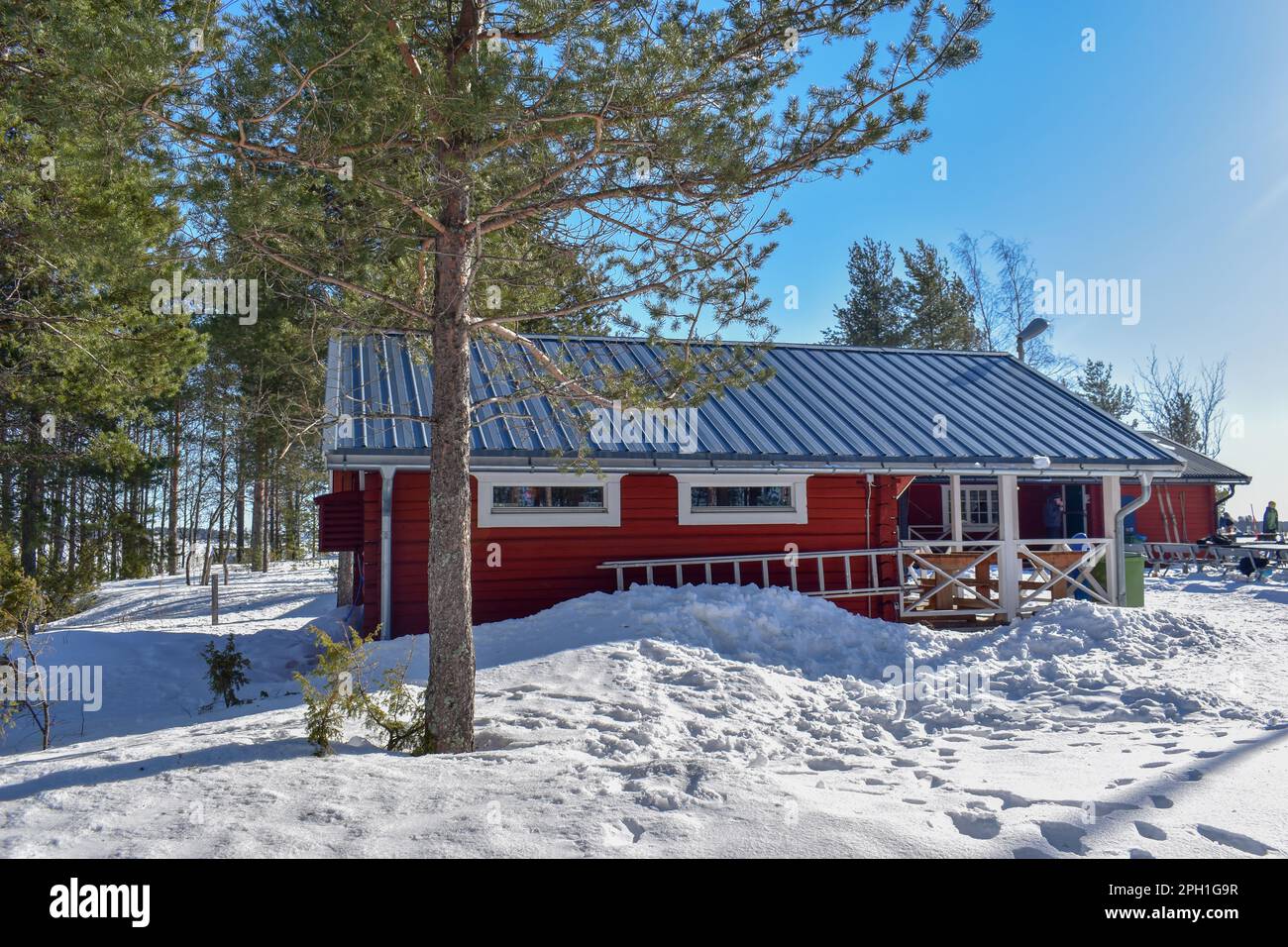 Red cabin in Swedish Winter Forest. Taken in Lulea, outside of the city ...