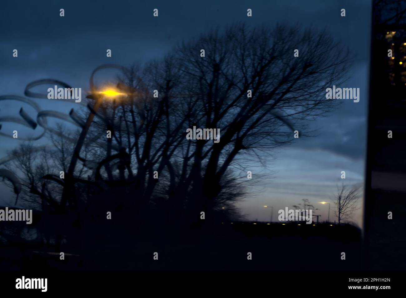 Cloudy sky at dusk and trees seen in a distorted mirror Stock Photo - Alamy