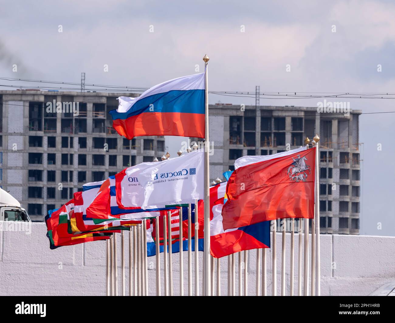 Various national flags with the EU flag under a blue sky Stock Photo ...