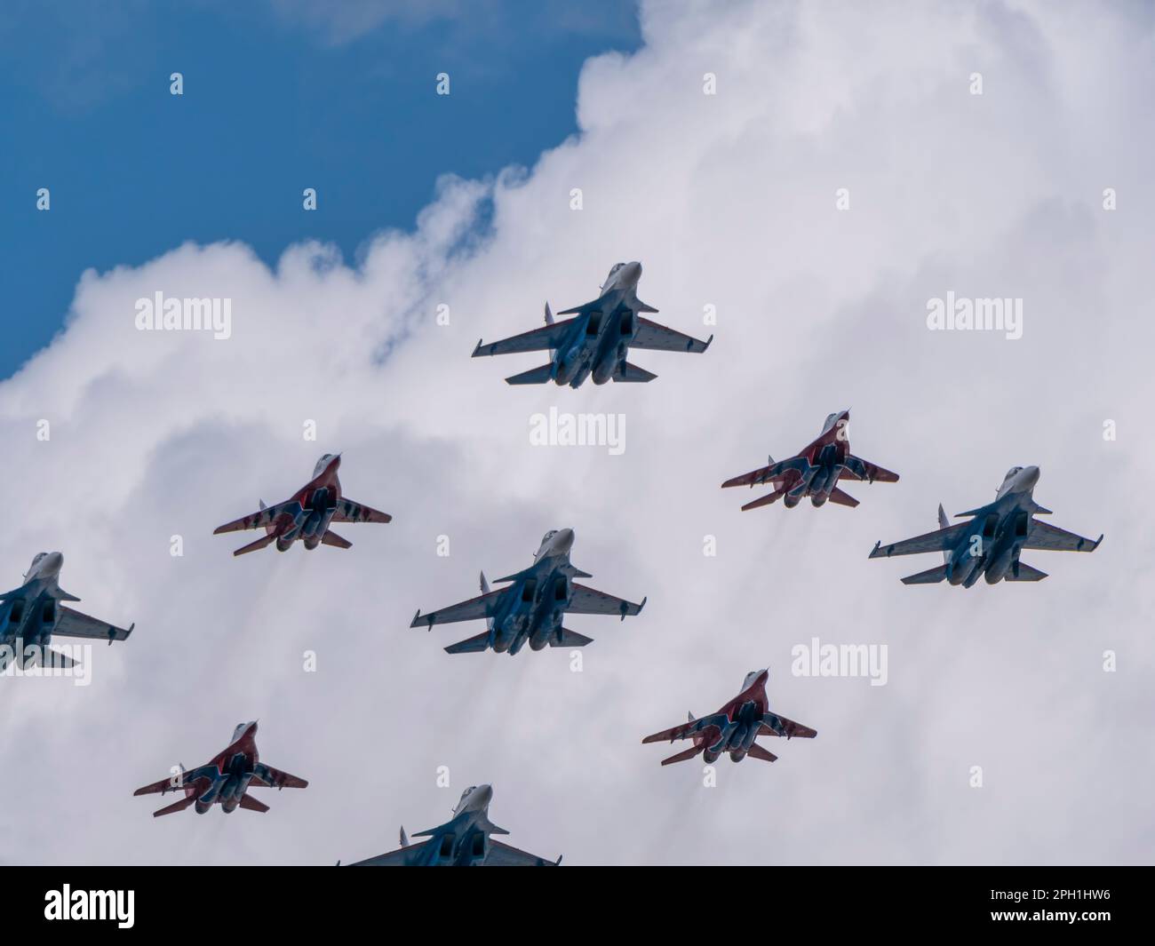 MOSCOW, RUSSIA - MAY 7, 2021: Avia parade in Moscow. group jet fighter ...