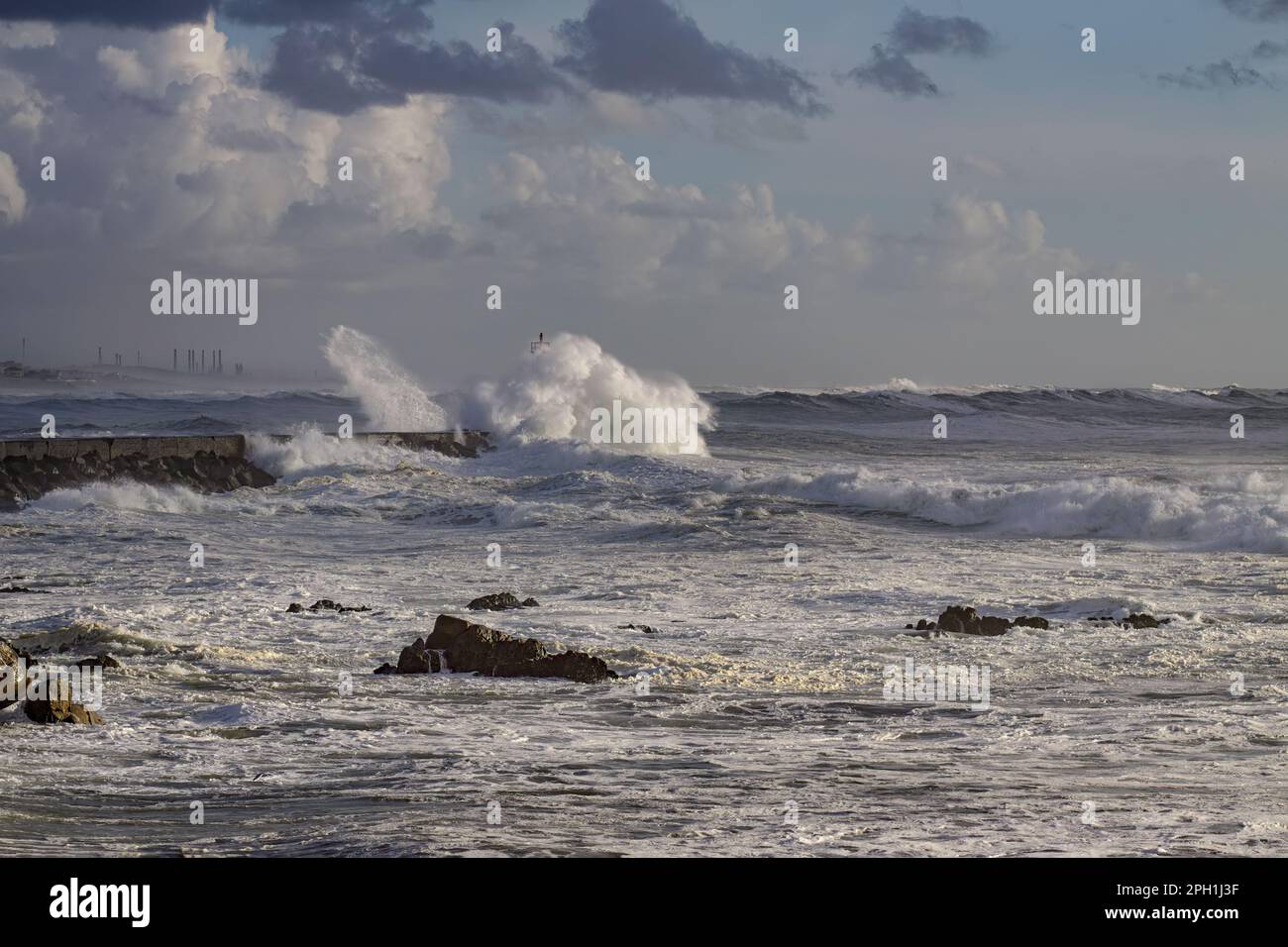 Storm at the Ave river mouth pier and beacon, north of Portugal Stock ...