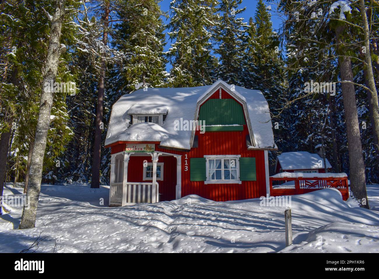 Beautiful super Finnish winter landscape with red wooden finnish house ...