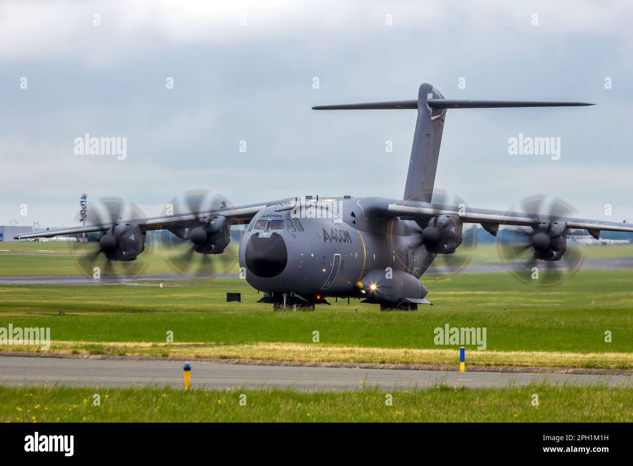 Airbus A400M military cargo plane taxiing from the runway of Le Bourget ...
