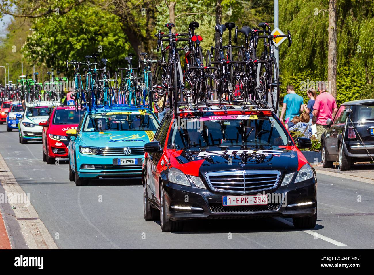 Bicycles on a car following cyclists during the second stage of Giro d ...