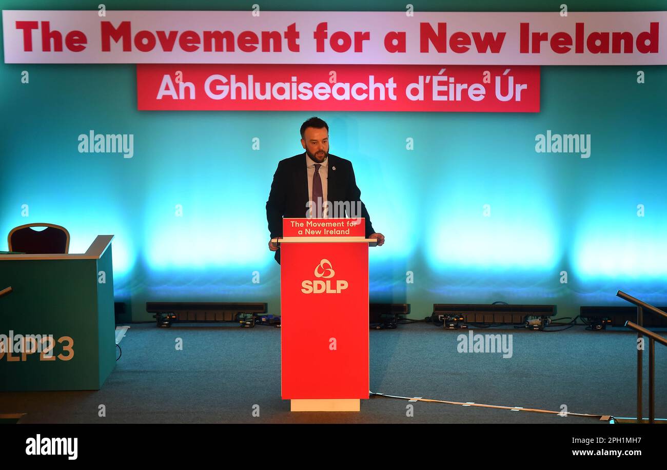 A general view of SDLP leader Colum Eastwood speaking during the Social ...