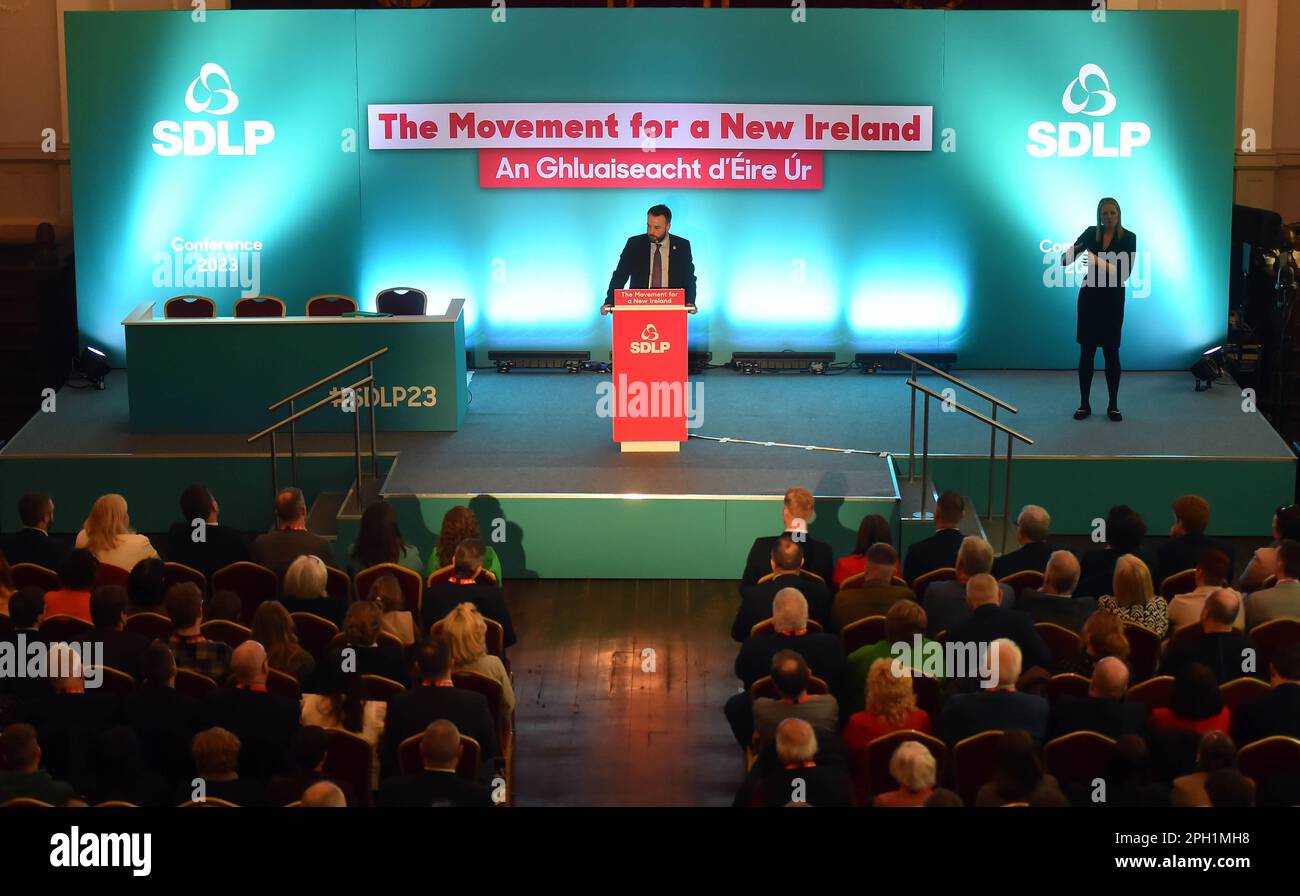 A general view of SDLP leader Colum Eastwood speaking during the Social ...