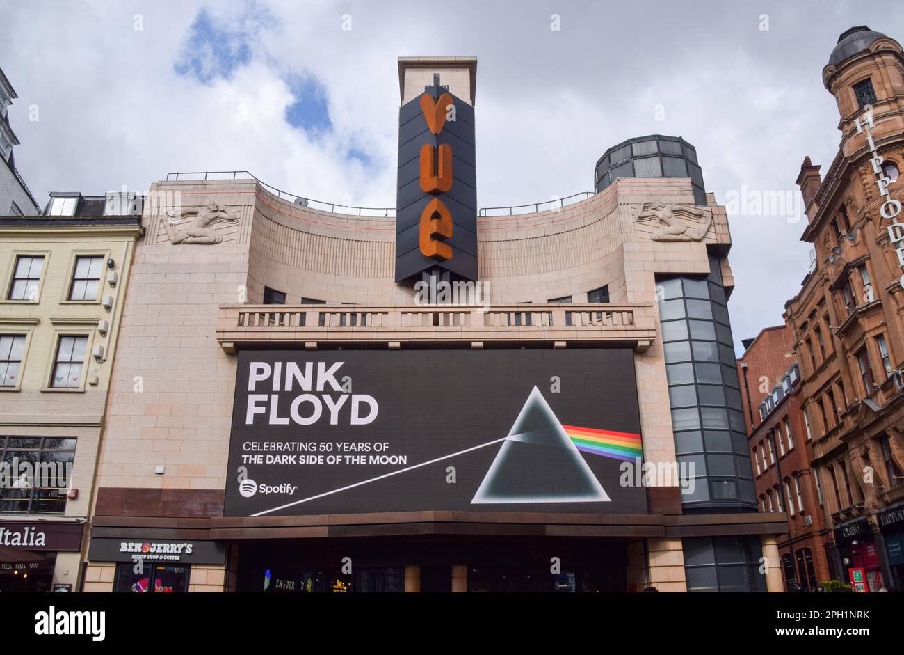 London, UK. 25th March 2023. A digital billboard outside Vue Cinema in ...