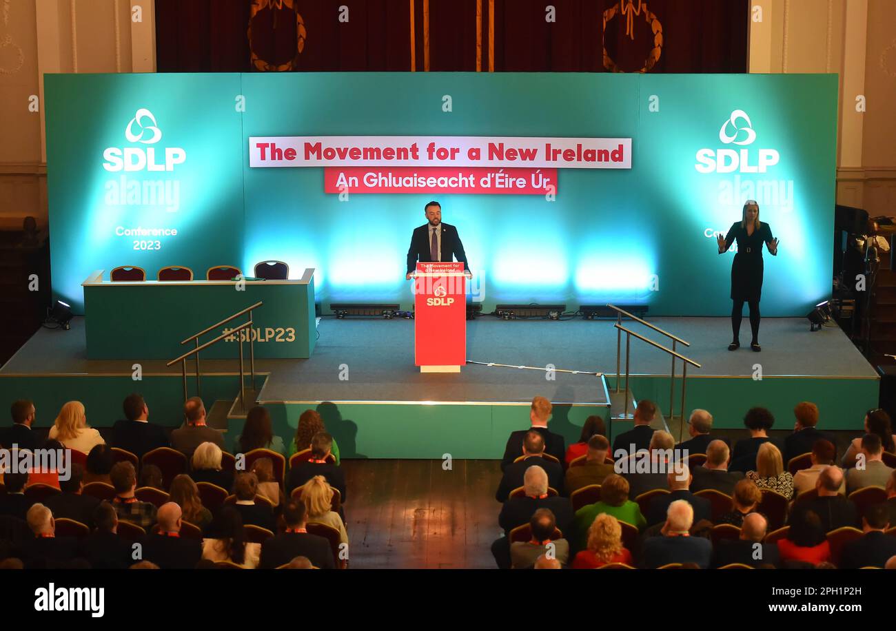 A general view of SDLP leader Colum Eastwood speaking during the Social ...