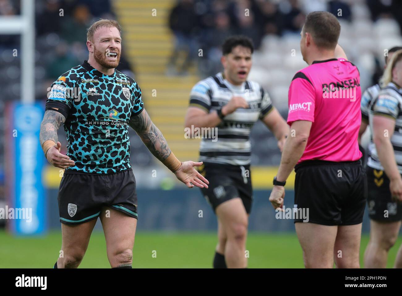 Oliver Holmes #16 of Leigh Leopards complains to Referee Ben Thaler ...