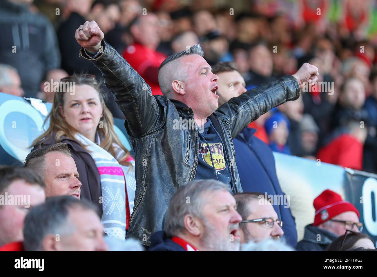 A Wrexham fan chants during the Vanarama National League match Wrexham ...