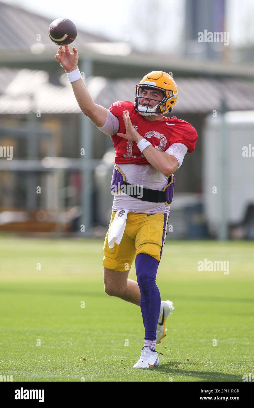 March 25, 2023: LSU quarterback Garrett Nussmeier (13) makes a throw ...