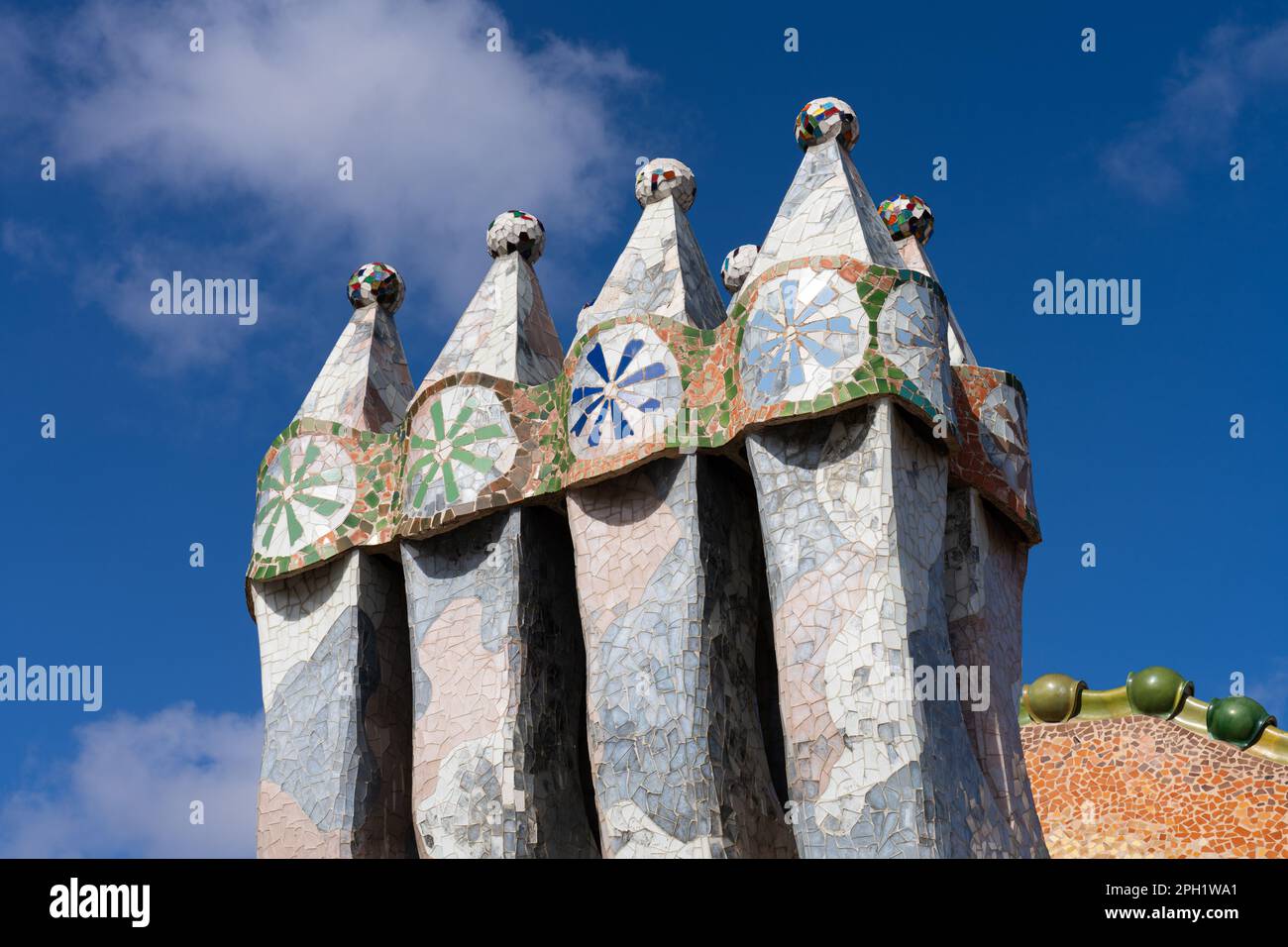Detail of the roof decoration on Casa Batlo by architect Antoni Gaudi ...