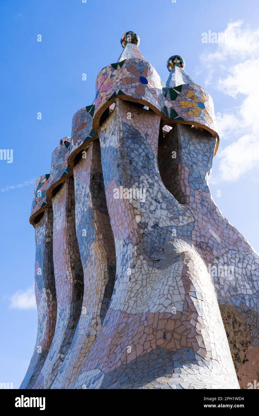 Detail of the roof decoration on Casa Batlo by architect Antoni Gaudi ...