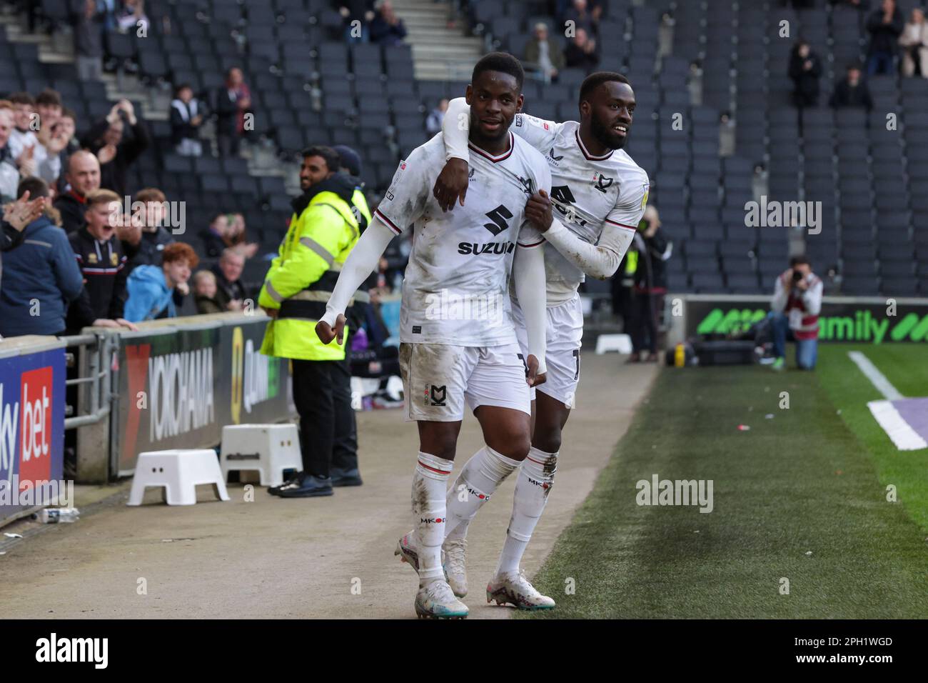 Milton Keynes on Saturday 25th March 2023. Jonathan Leko celebrates ...