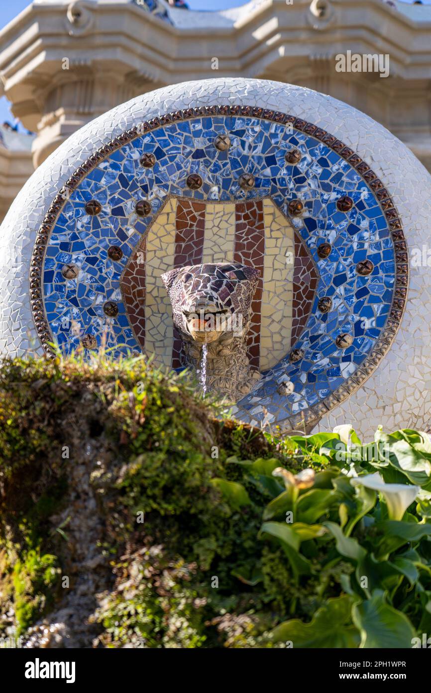 A detail of the decoration of Barcelona's Guell Park by Antoni Gaudi ...