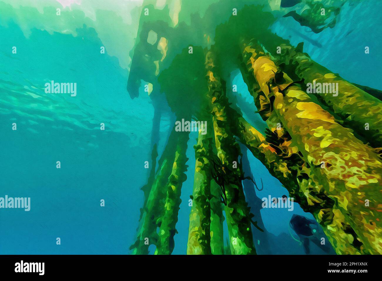 Digitally created watercolor painting of an maritime pier from a SCUBA ...