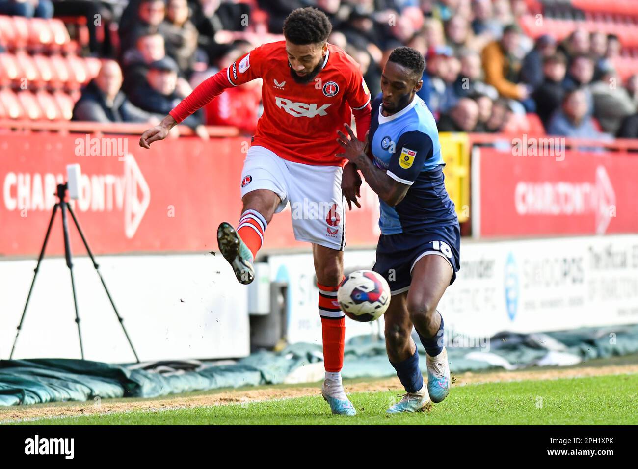London on Saturday 25th March 2023. Michael Hector of Charlton battles ...