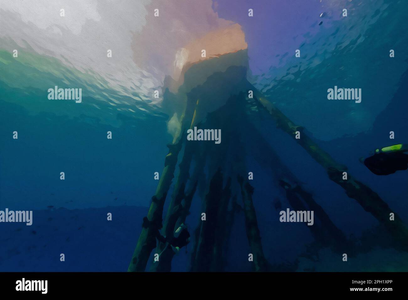 Digitally created watercolor painting of an maritime pier from a SCUBA ...