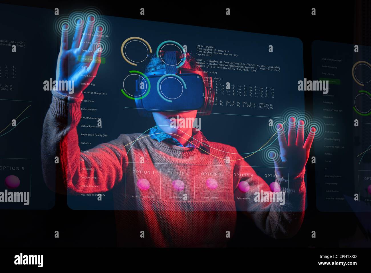 Young man wearing a VR headset, swiping futuristic interfaces in the ...