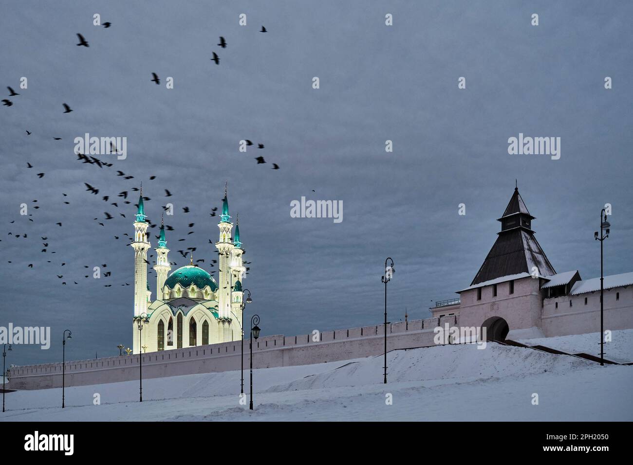 Modern Kul-Sharif Mosque, western wall and tower of Kazan Kremlin ...