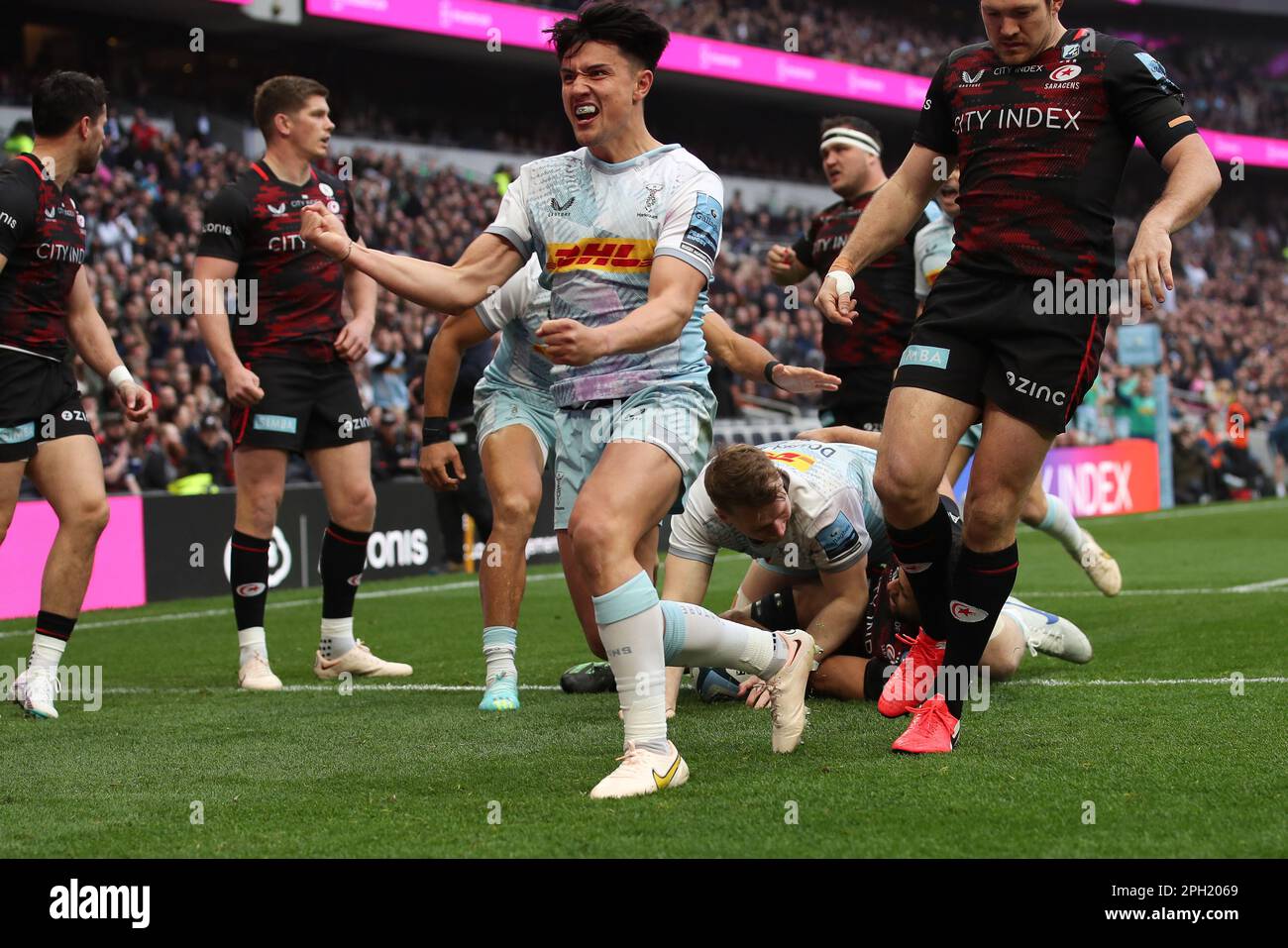 London, UK. 25th Mar, 2023. Marcus Smith of Harlequins celebrates as ...
