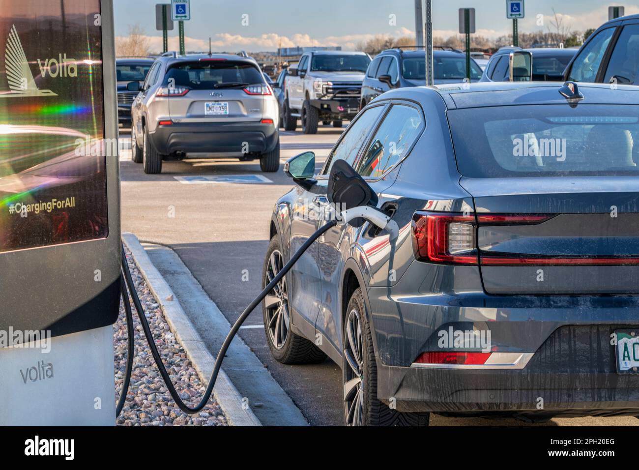 Timnath, CO, USA - March 18, 2023: Volta free electric vehicle charging ...