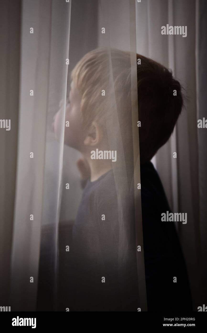 A two-year old boy looking out a window behind sheer curtains Stock ...