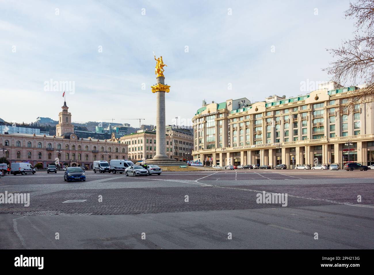 Tbilisi, Georgia - 18 February, 2023: Golden statue of St. George on ...