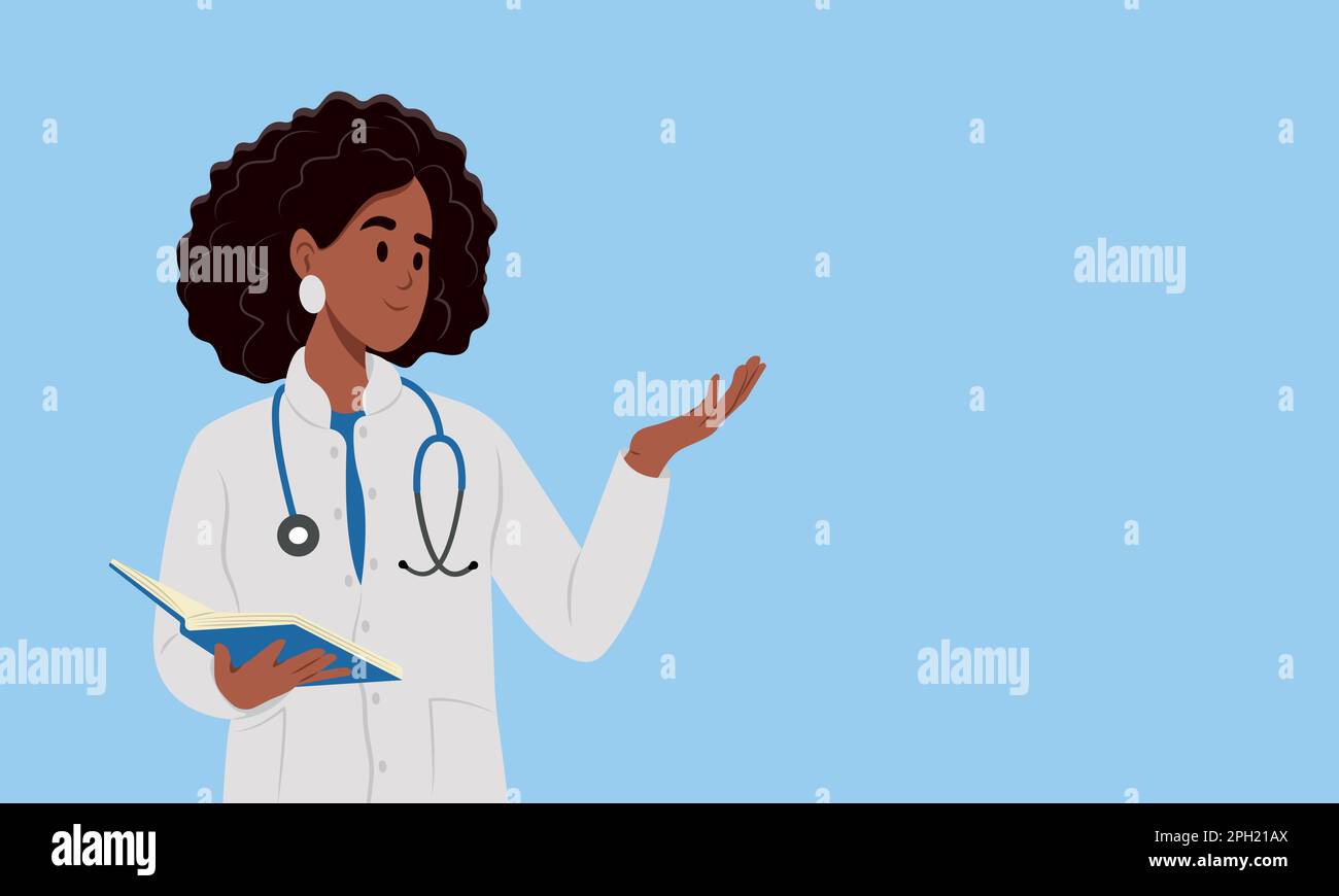 A black female doctor in a white coat is pointing at something. Banner ...