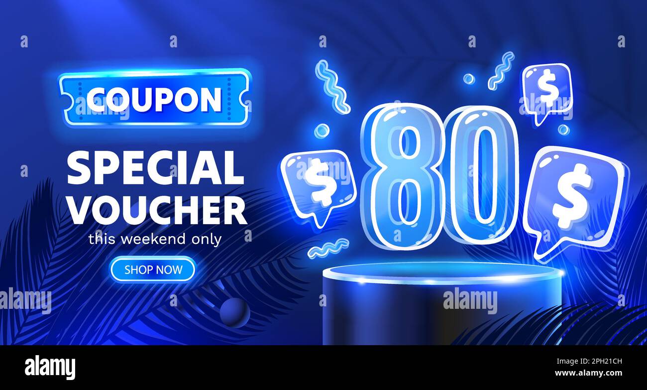Coupon special voucher 80 dollar, Neon banner special offer. Vector ...