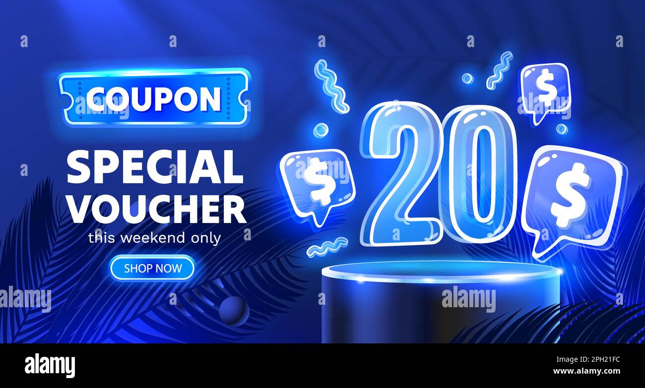 Coupon special voucher 20 dollar, Neon banner special offer. Vector ...