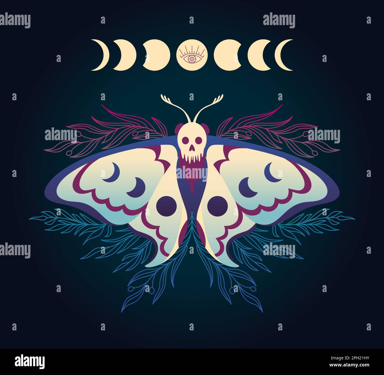 Illustration with hawk moth with phases of the moon. Butterfly with ...