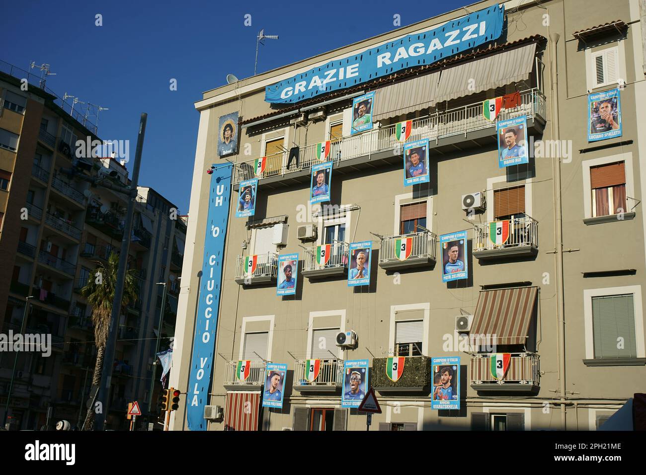 Naples Italy Serie A championship 2023. Building decorated with ...