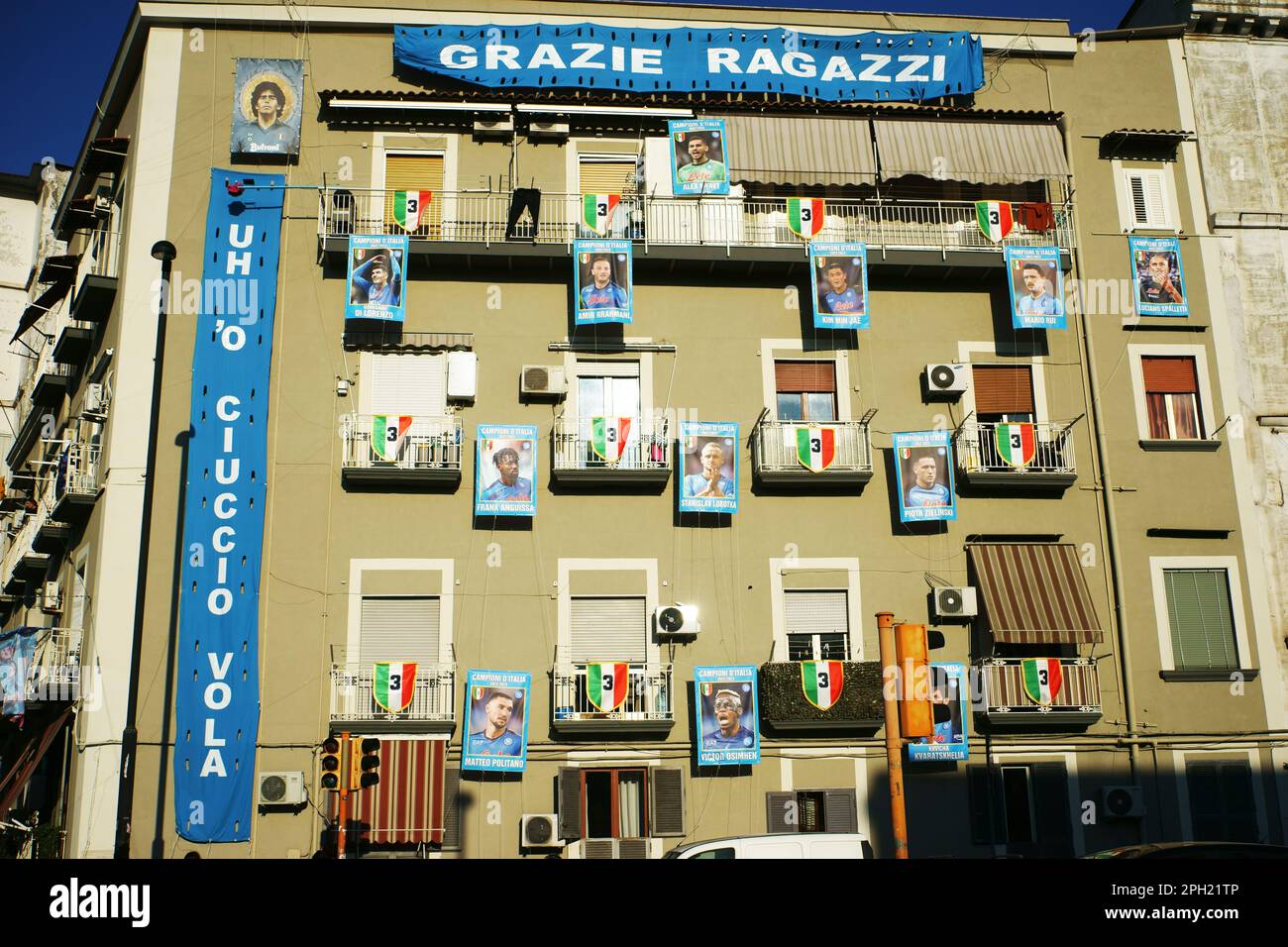 Naples Italy Serie A championship 2023. Building decorated with ...
