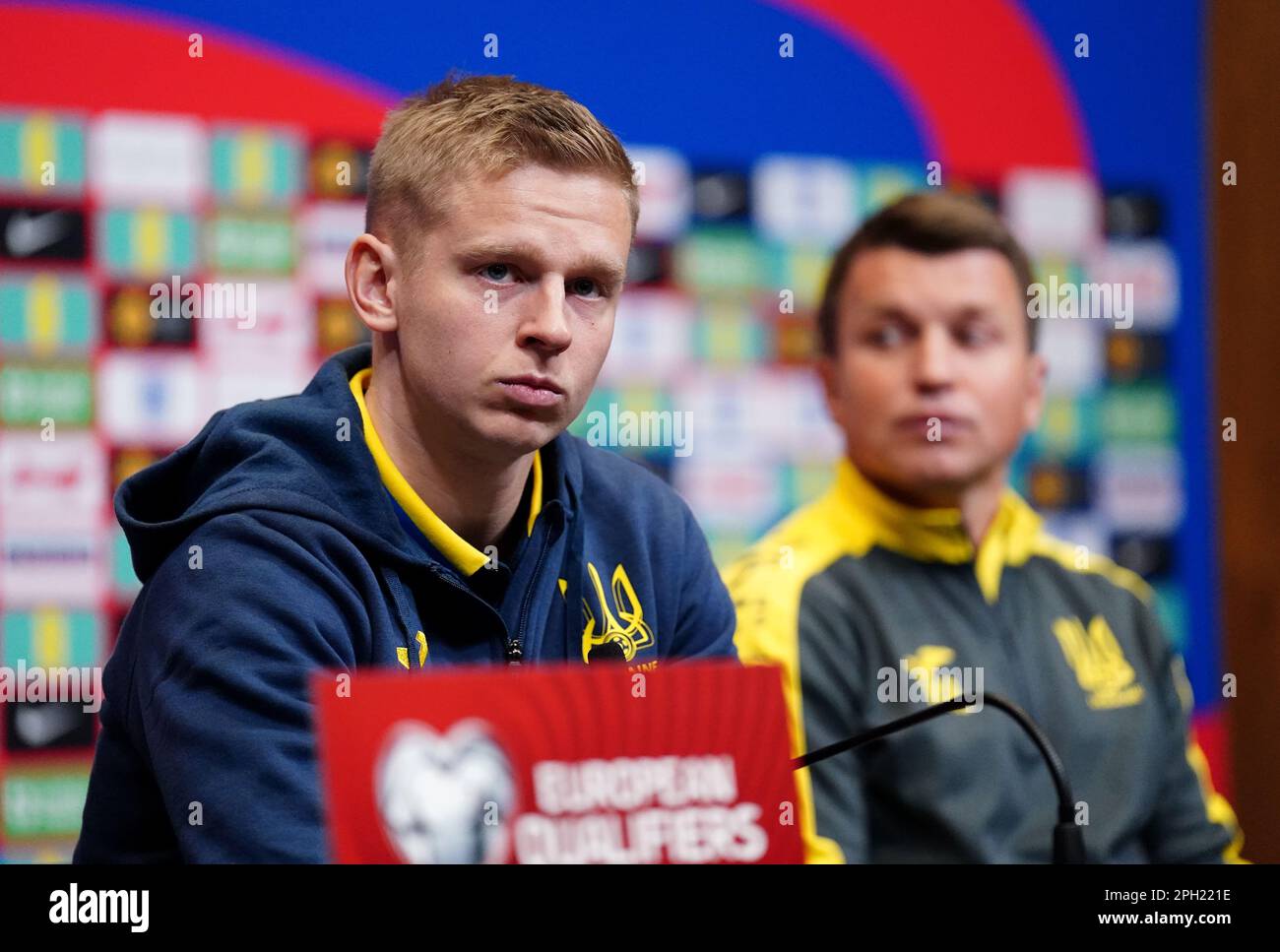 Ukraine's Oleksandr Zinchenko (left) with manager Ruslan Rotan during a ...