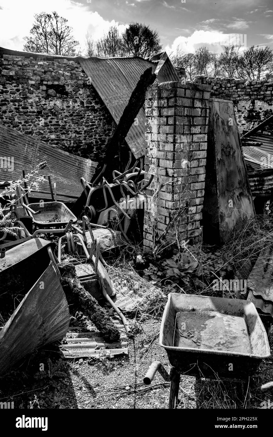 Arson damaged Farm building - Black and White Photograph Stock Photo ...
