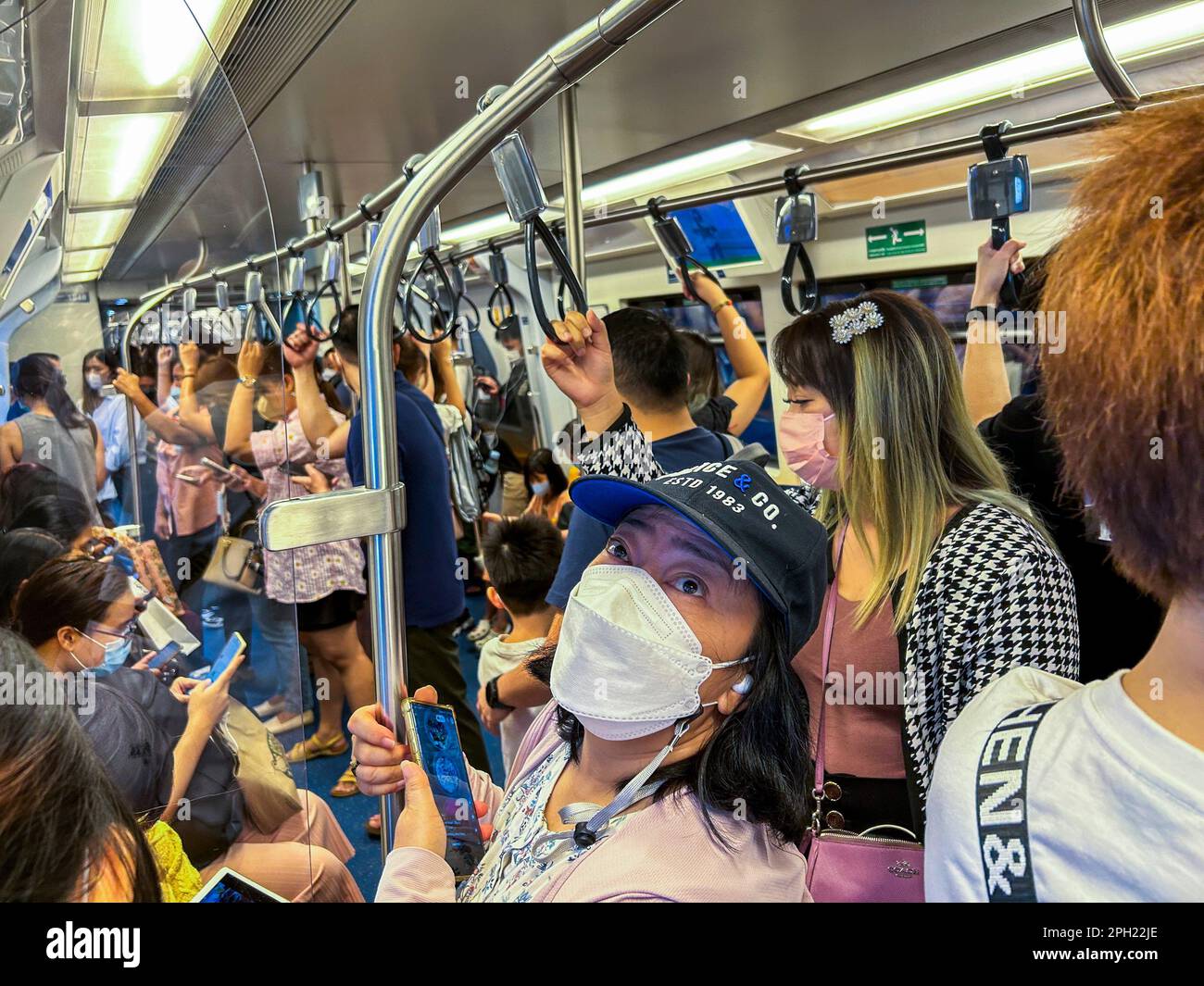 Bangkok Thailand Crowd People Passengers Inside Sky Train Elevated
