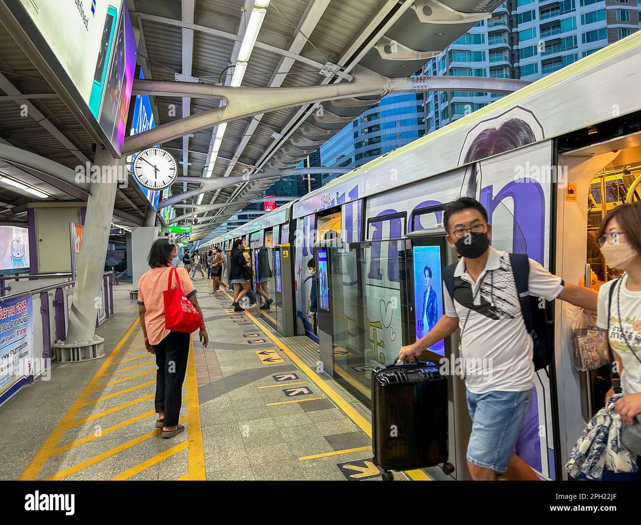 Bangkok, Thailand, Sky Train, Elevated Metro, Platform, People Getting off Public Transportation ...
