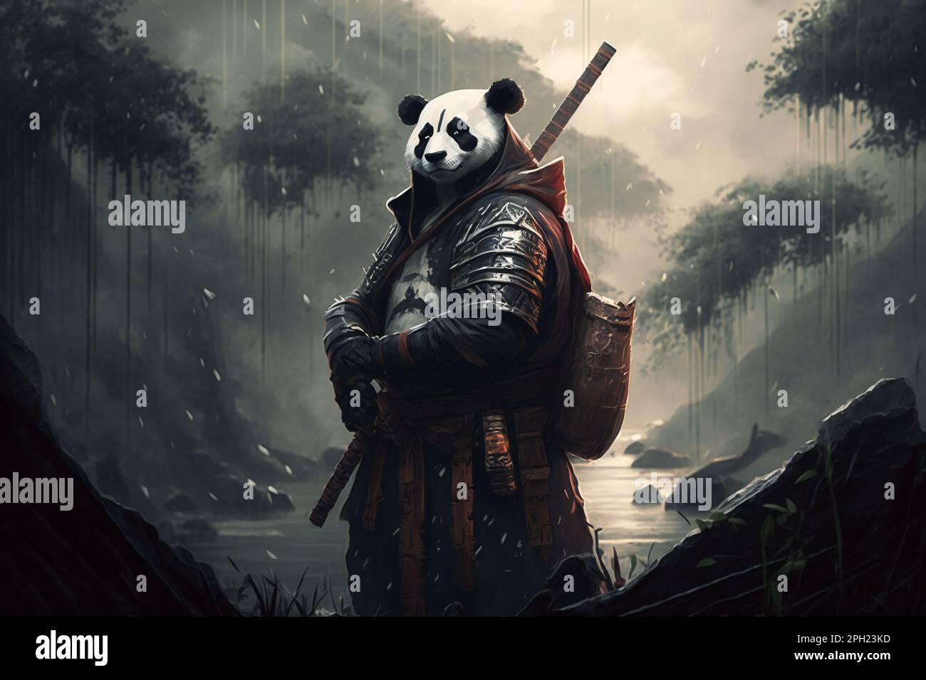 Panda samurai in mountain landscape. High mountain in the clouds, trees ...