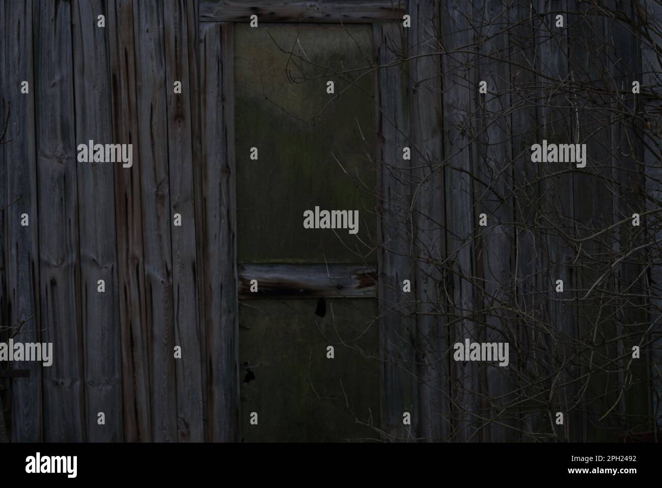 An old rural house with a weathered and aged door that is slightly ajar ...