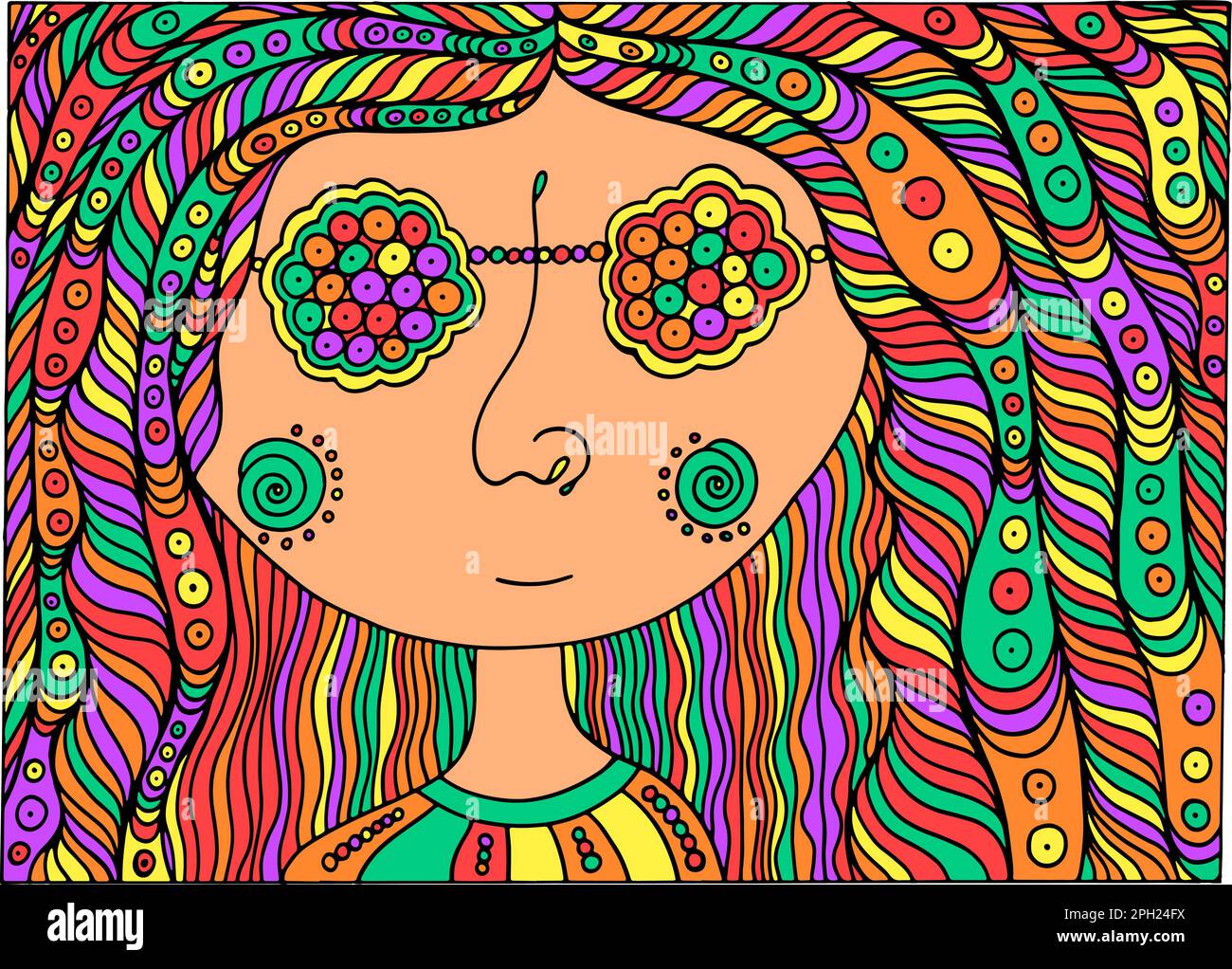 Hiipie girl face in the sunglasses - colorful psychedelic illustration ...