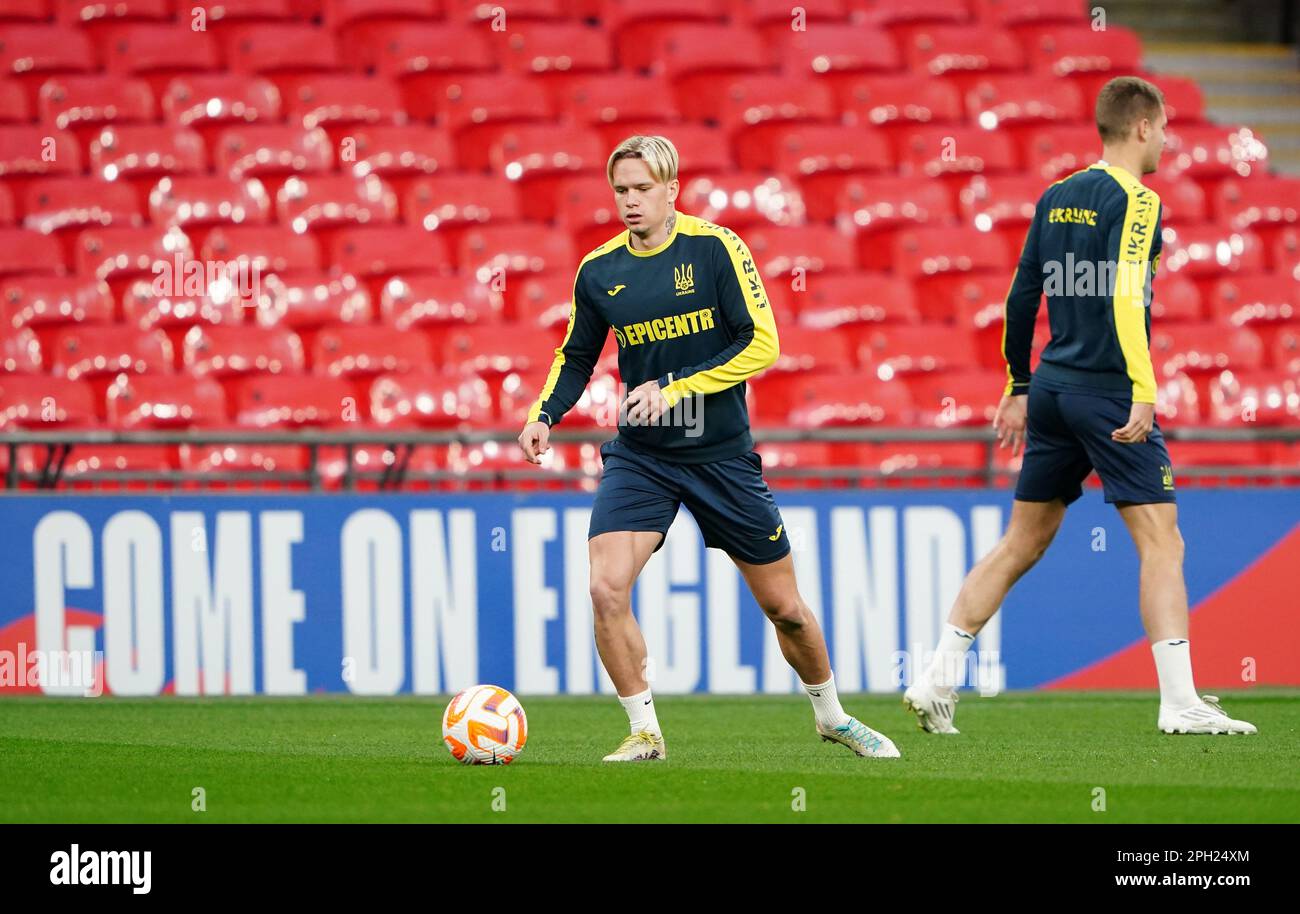 Ukraine's Mykhailo Mudryk during a training session at Wembley Stadium ...