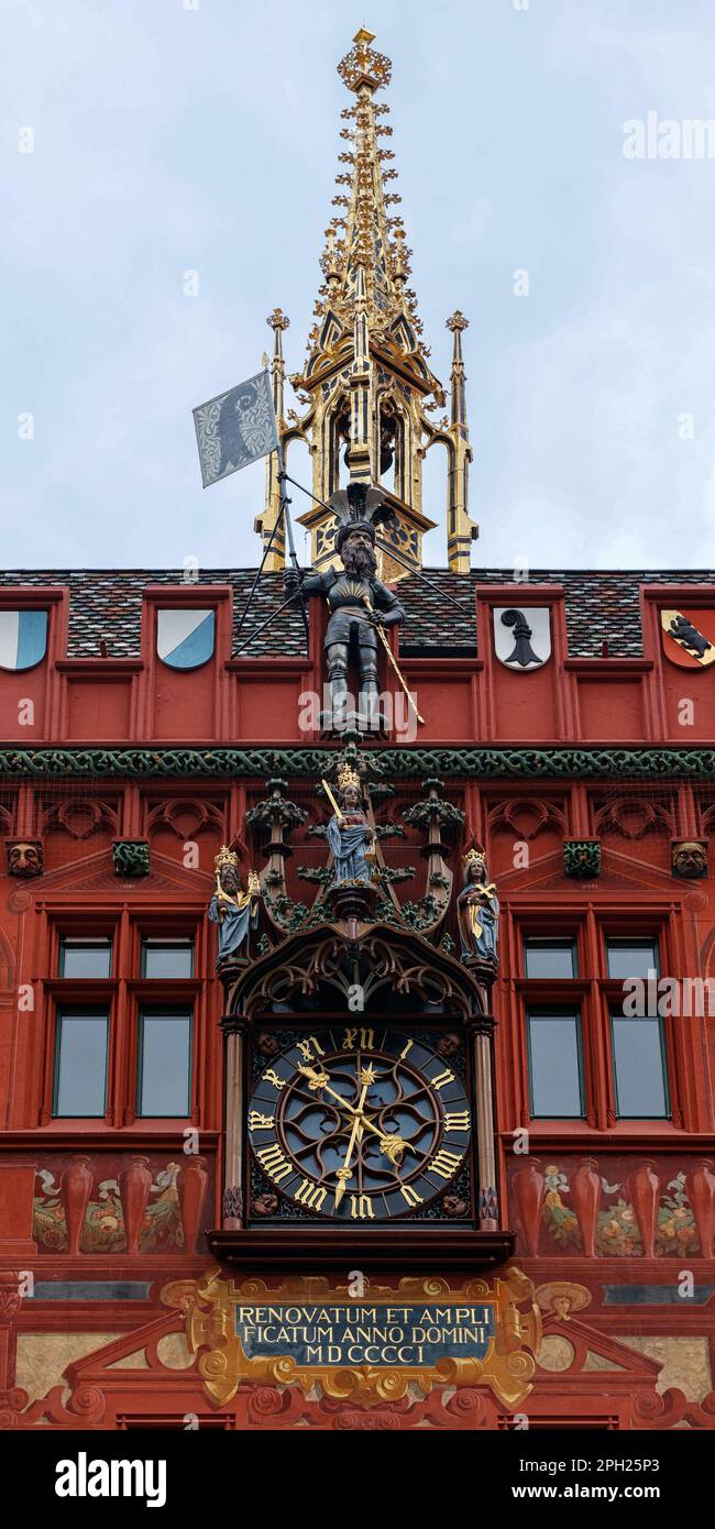 BASEL, SWITZERLAND - FEBRUARY 27, 2023: Ornate public clock on the ...