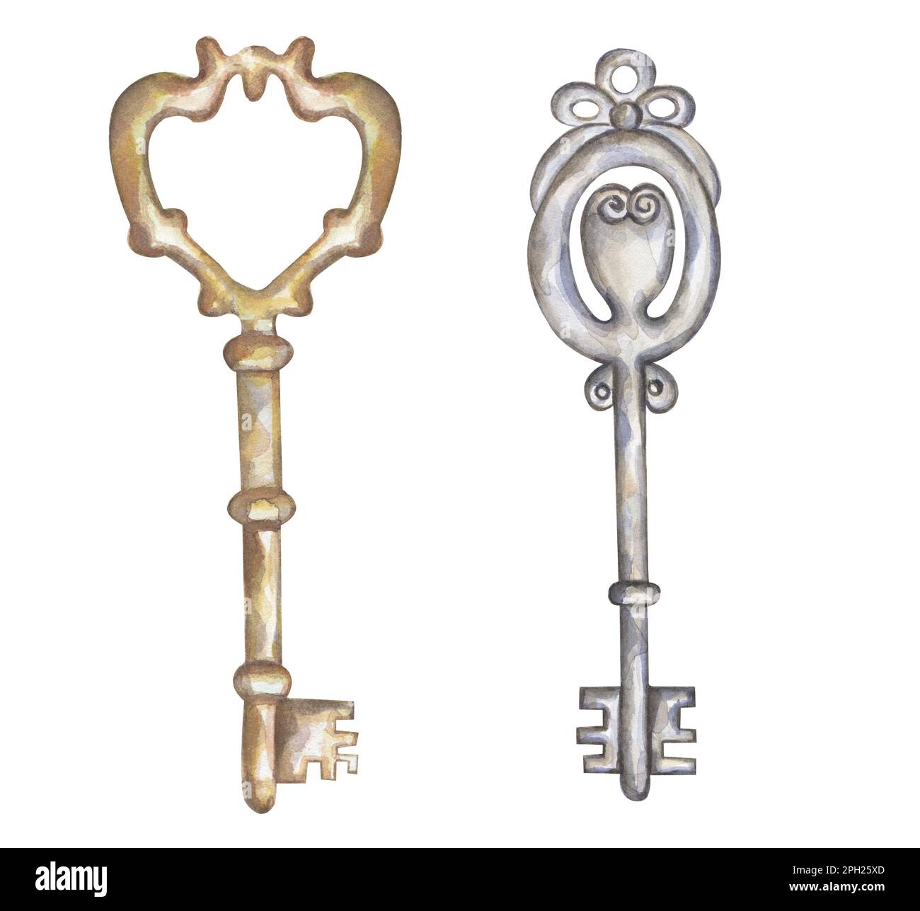 Watercolor retro style key illustration set. vintage key clipart Stock ...