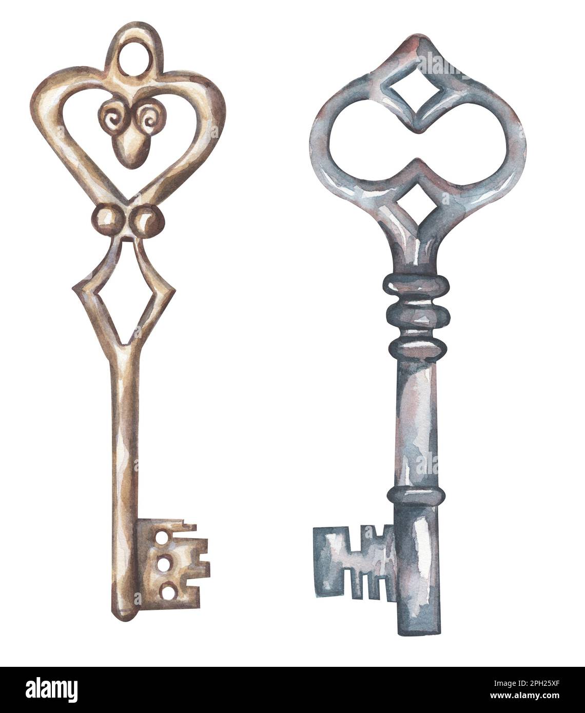 Watercolor retro style key illustration set. vintage key clipart Stock ...